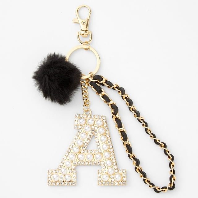 Claire's Gold Bling Initial Fuzzy PomPom Metal Keychain Black, Letter A ...