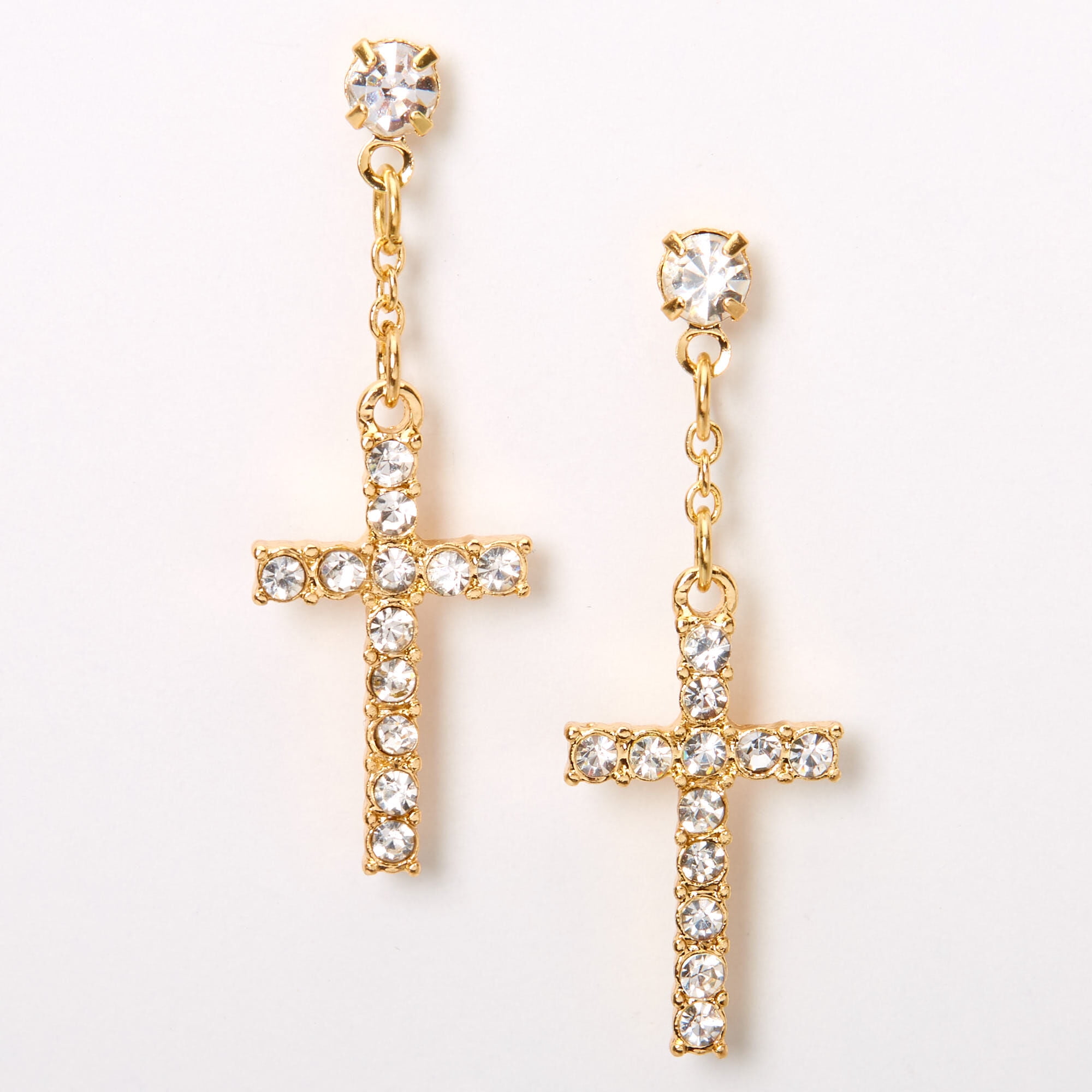 Claire's Gold-tone 1" Embellished Cross Drop Earrings, Faux Crystal ...
