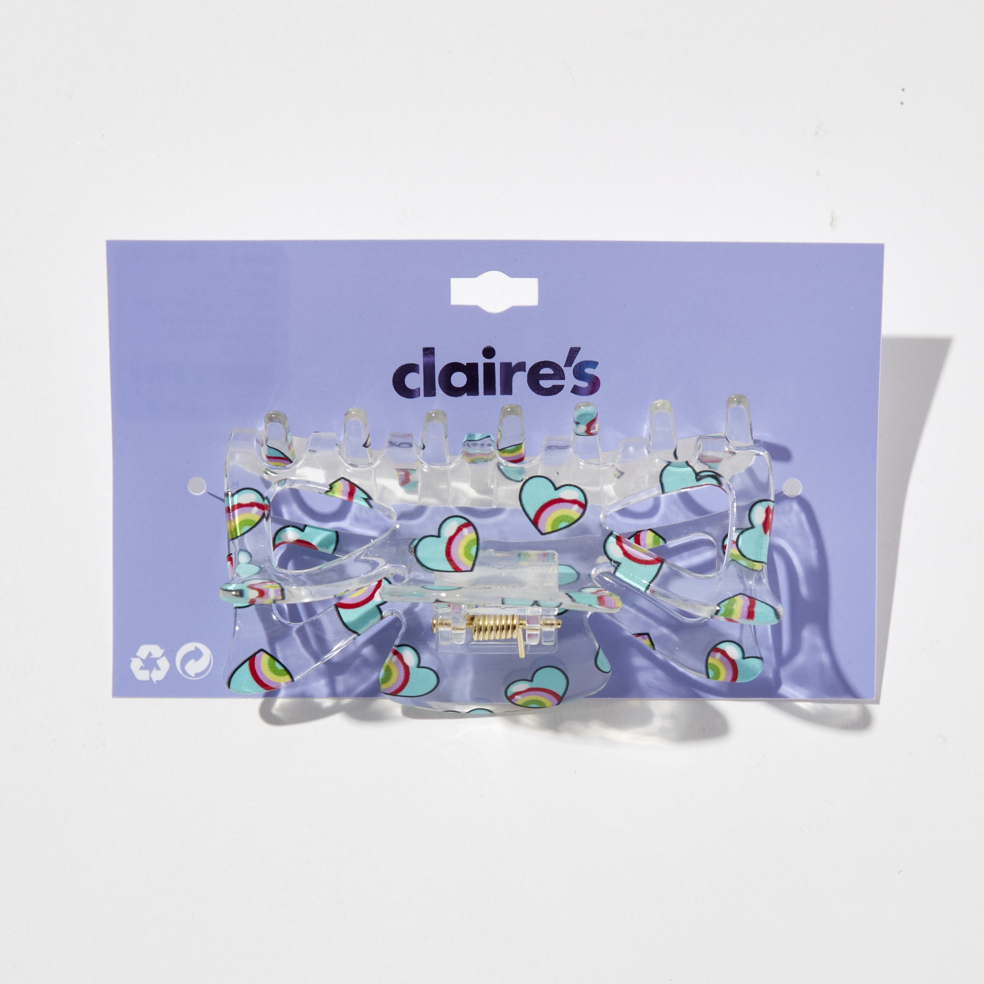 Claire's Tween Girl's Medium Clear Hair Claw Clip with Rainbow Hearts ...