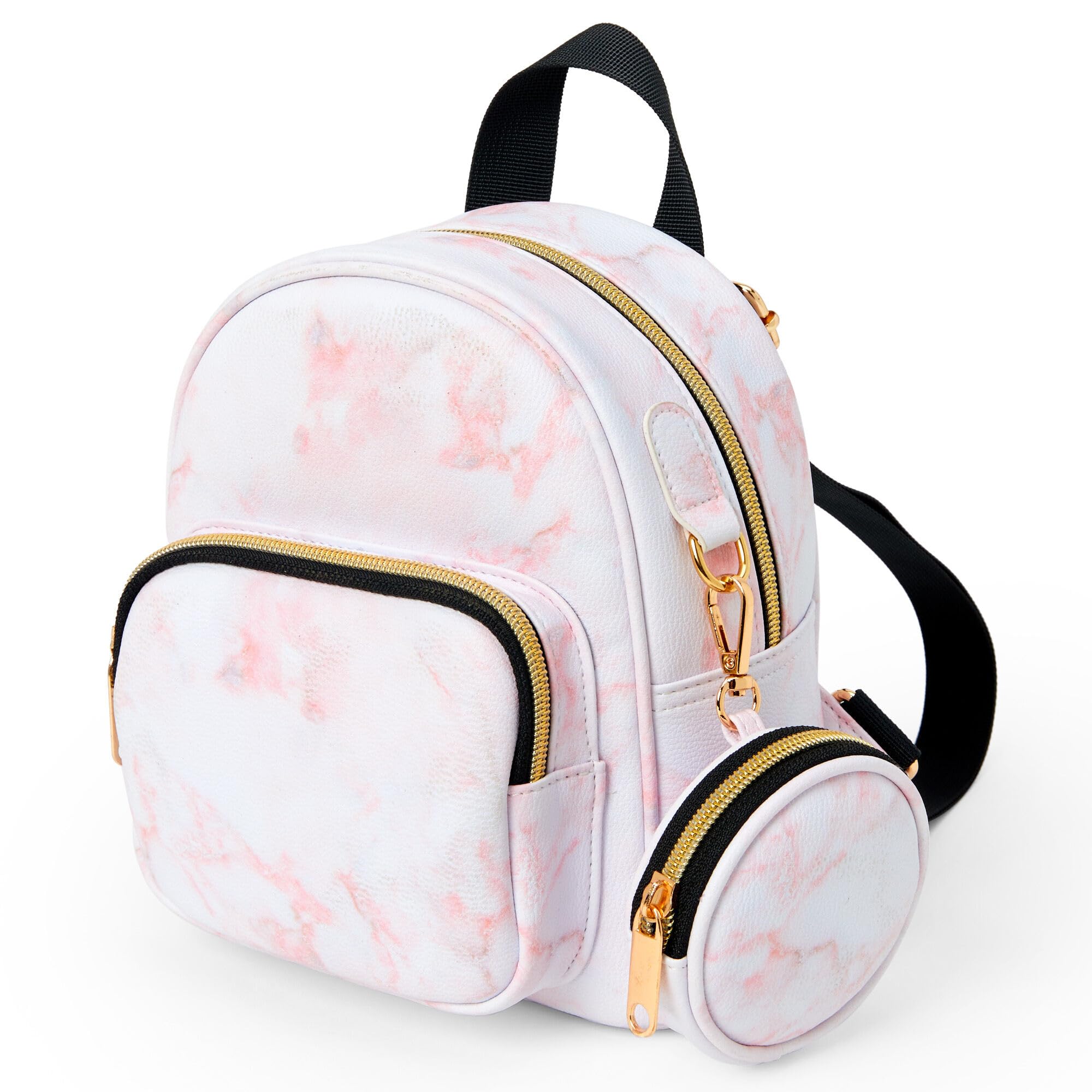 Claire's Mini Backpack Purse, White and Pink Marble with Black and Gold ...