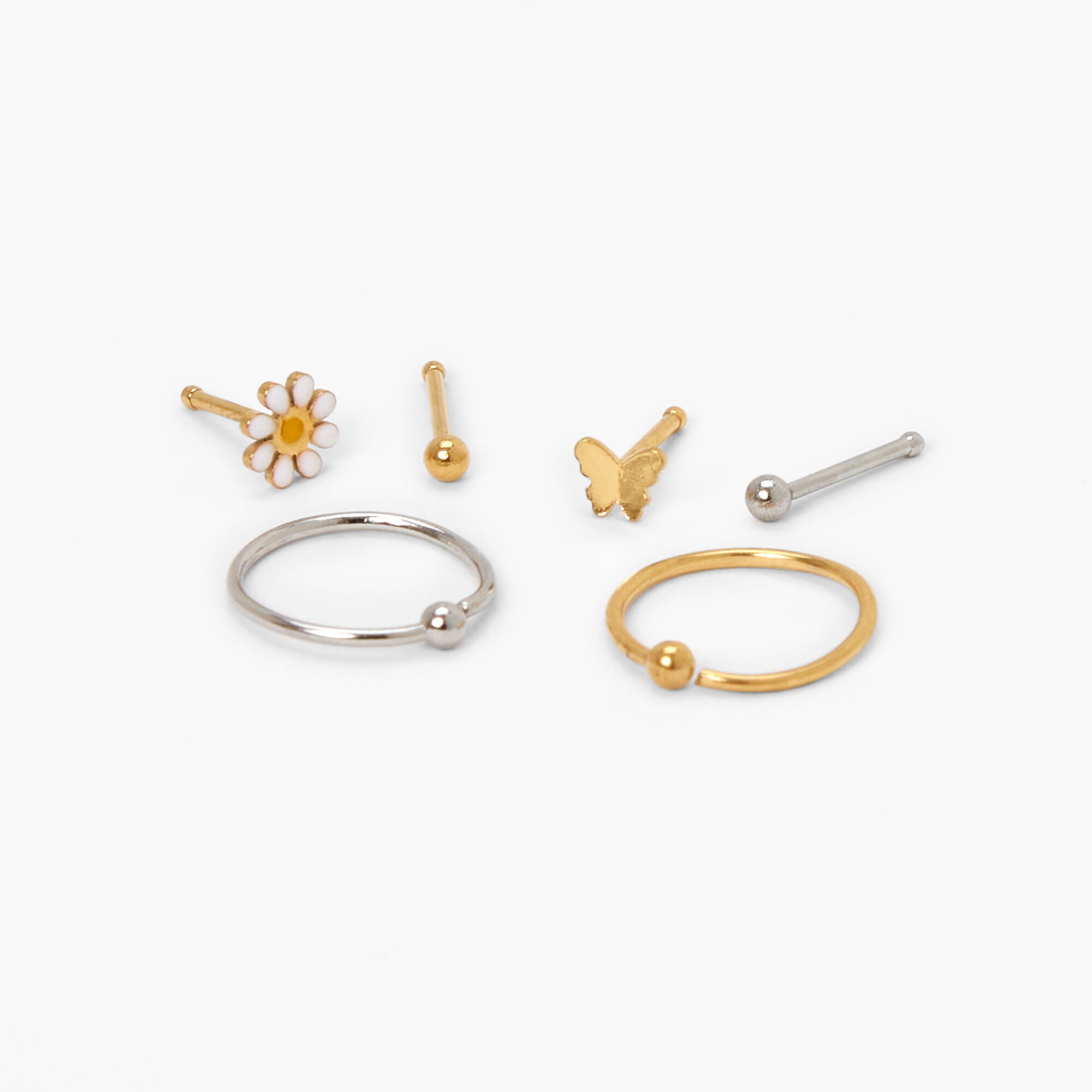 Claire's Mixed Metal 20G Butterfly Daisy Mixed Nose Rings Girl - 6 Pack ...