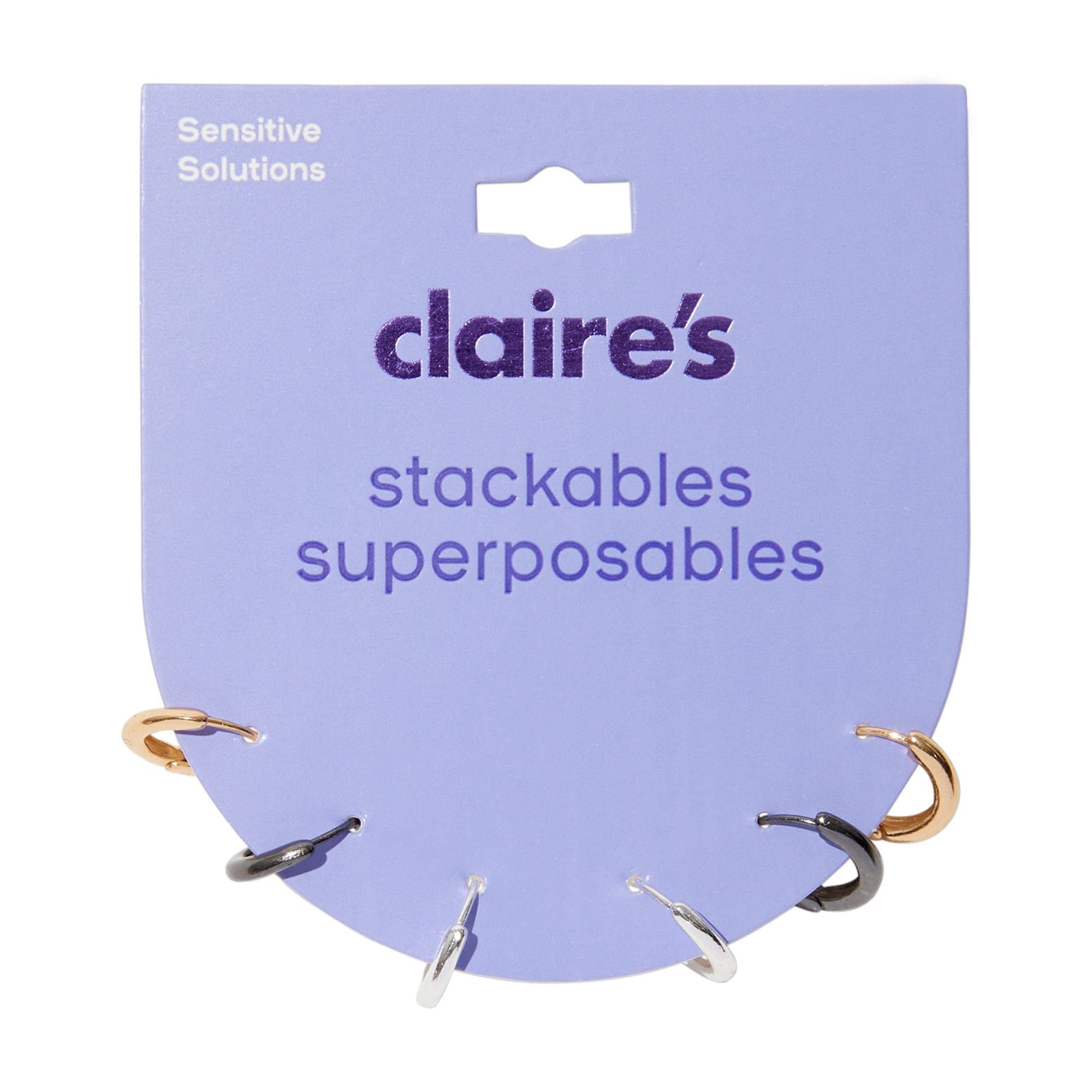 Claire's Tween Girls Stackable Silver, Black, and Gold Hoop Earrings, 3 ...