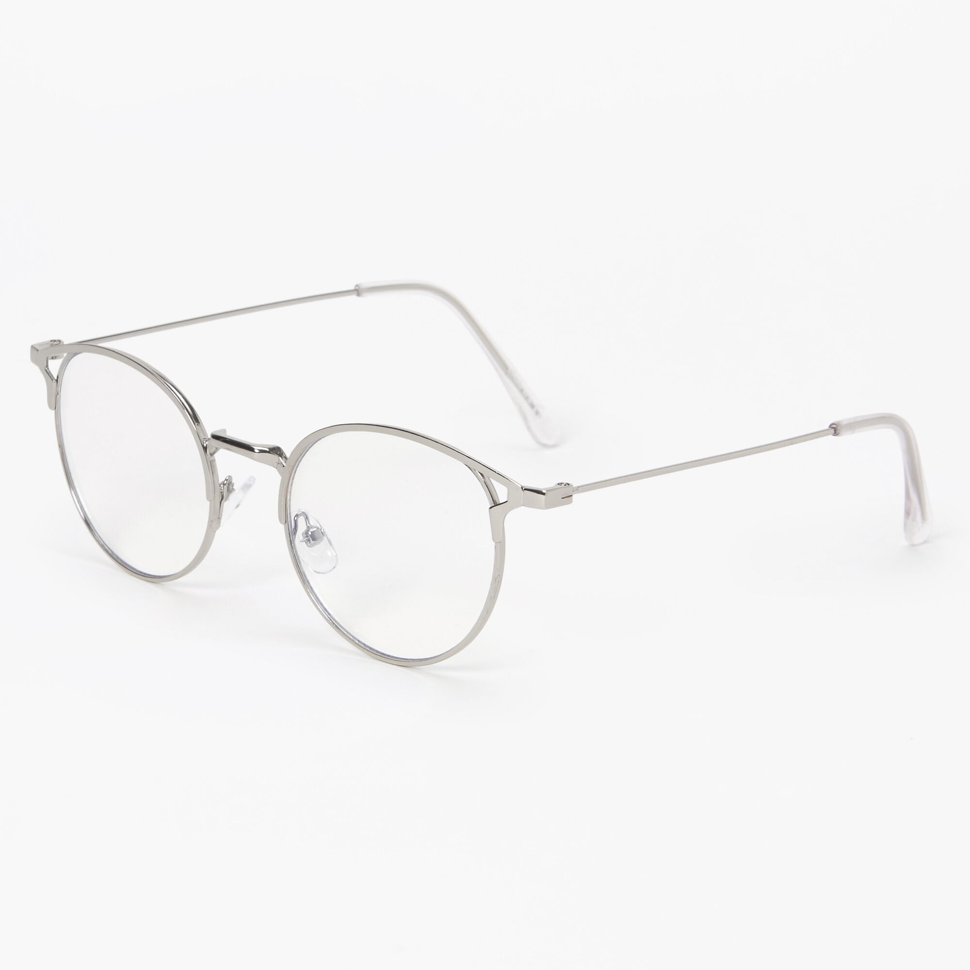 Claire's Solar Blue Light Reducing Round Clear Lens Frames - Silver ...