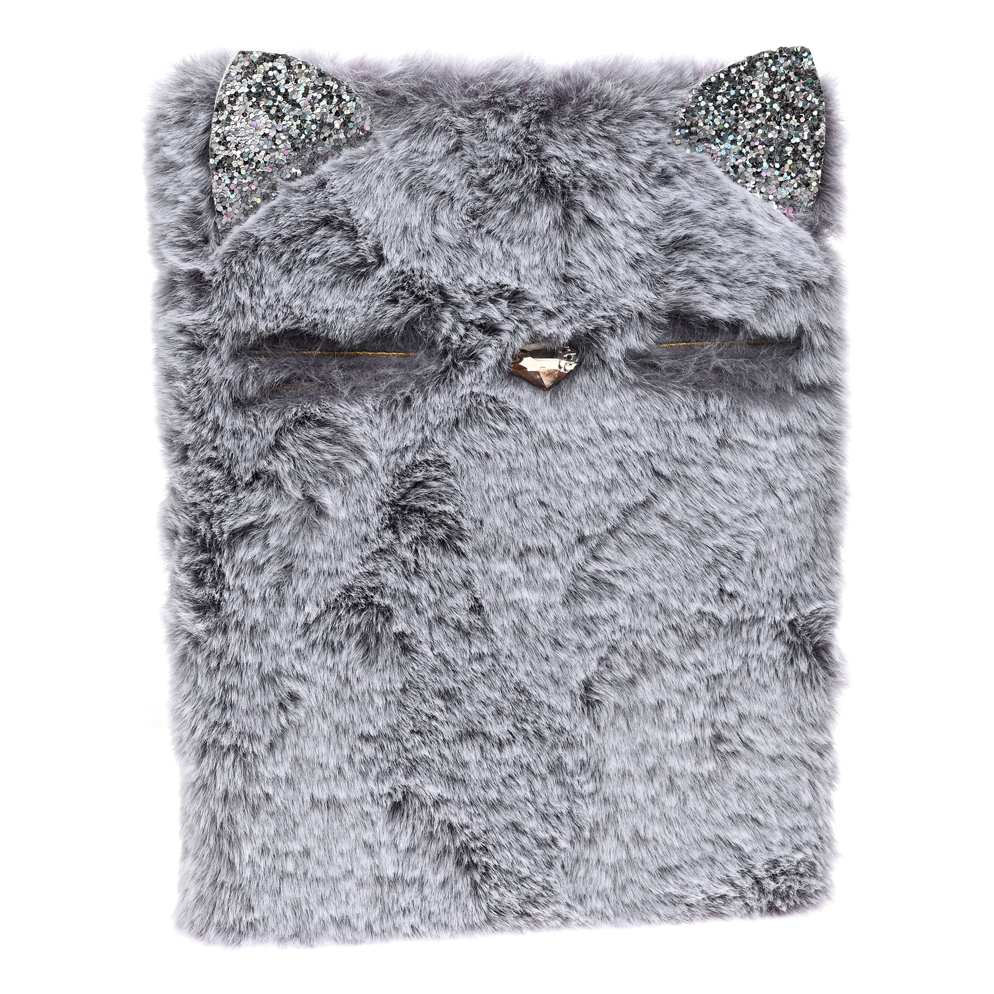 Claire's Tween Girl's Sparkly Gray Plush Cat Diary - Lock and 2 Keys ...