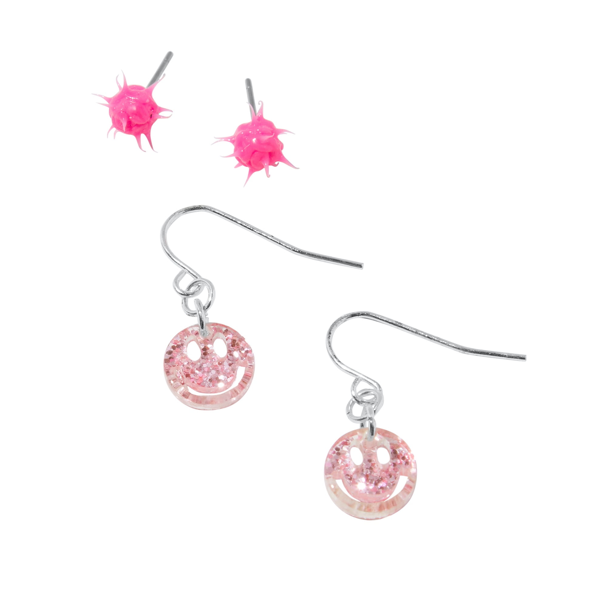 Claire's Tween Girls Pink Smiley Face and Rave Ball Earrings, 2-Pack ...