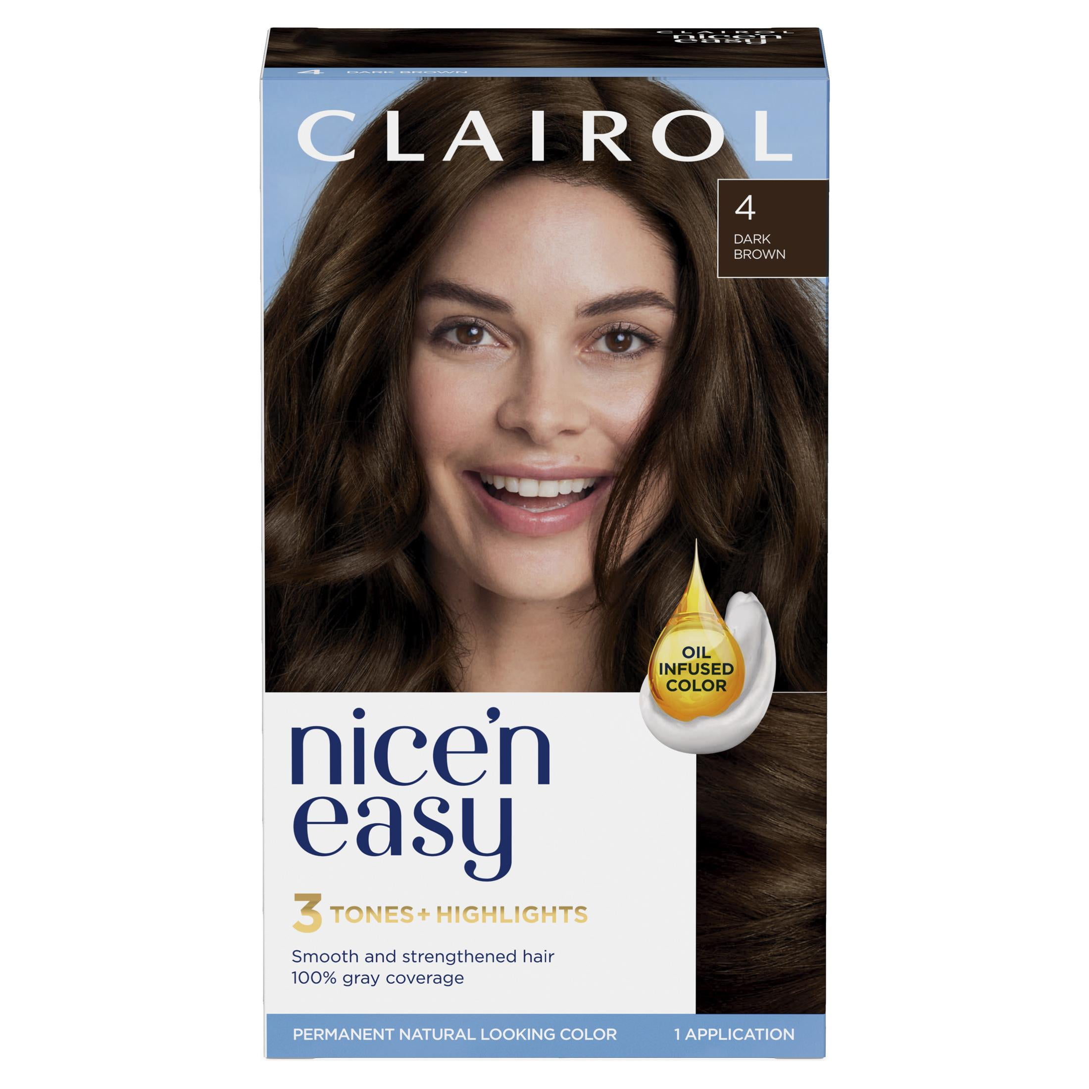 Clairol Nice'n Easy Permanent Hair Color, 4 Dark Brown, Non-Drip, 100% ...