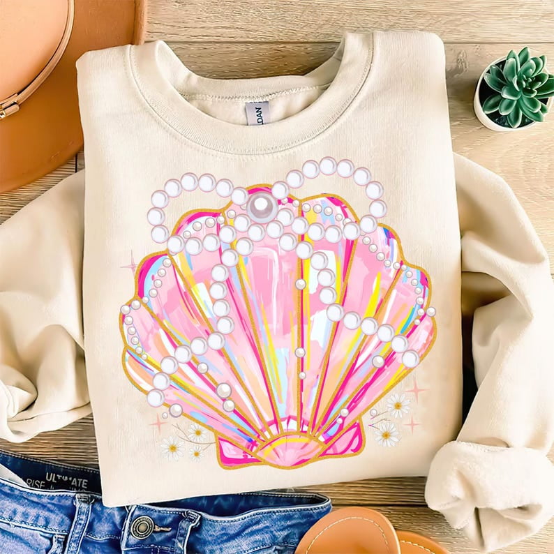 Clam Bow Summer Sweatshirt, Pink Coquette Beach Shirt, Retro Summer ...