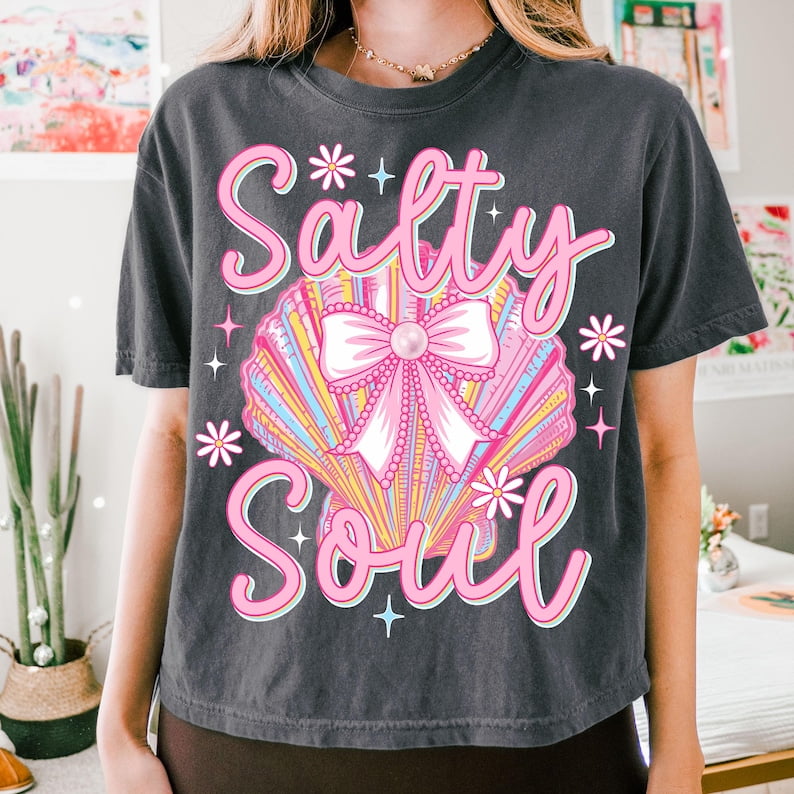 Clam Pearl Coquette T-Shirt, Salty Soul Summer Tee, Pink Clam Beach ...
