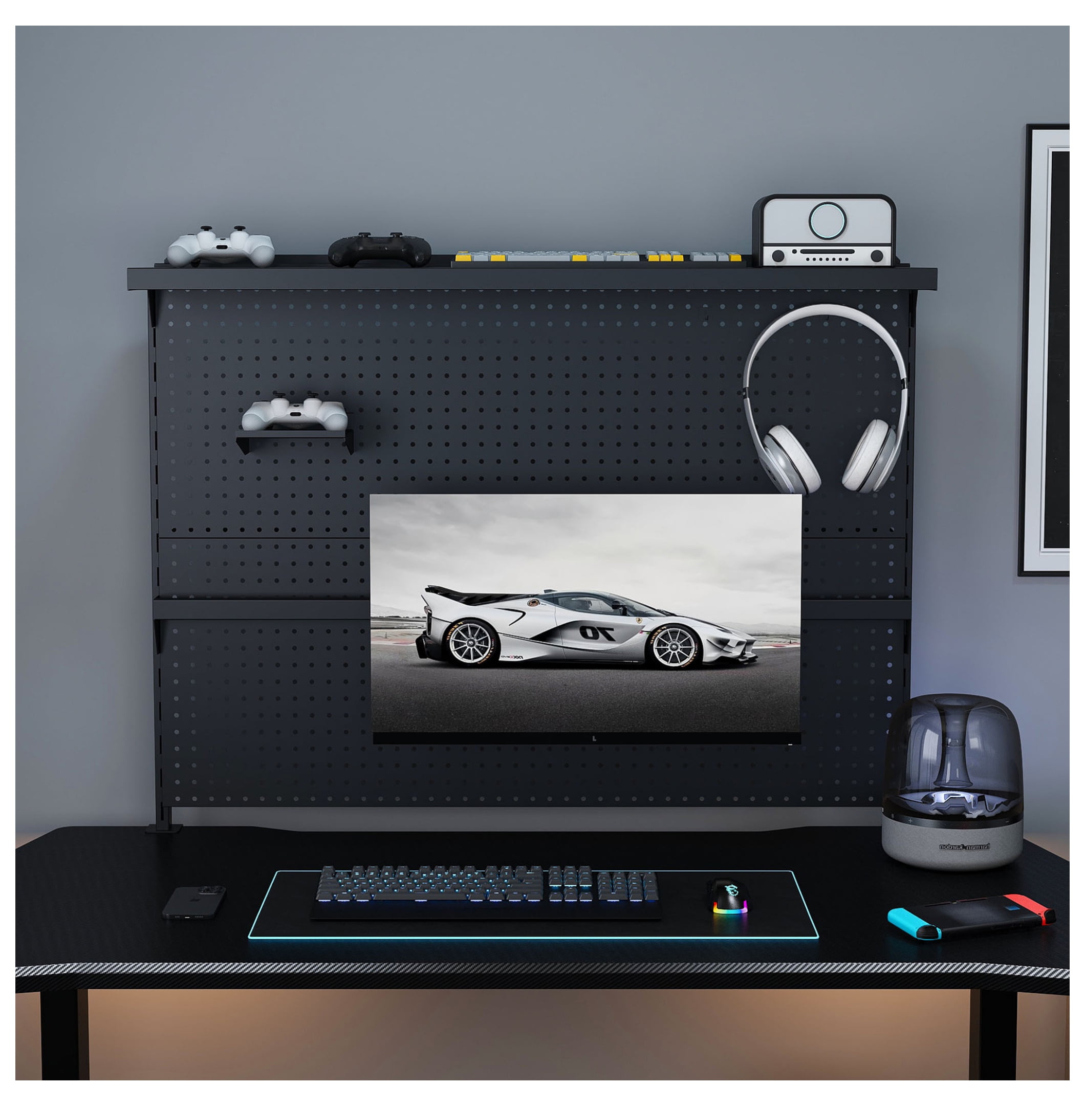 Clamp-On Desk Pegboard with Single Monitor Stand, 43x35 Inch Steel Peg ...