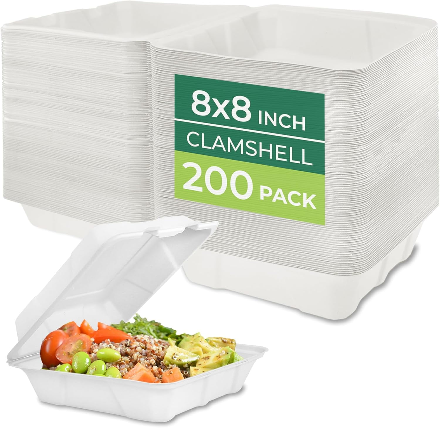 Clamshell Food Containers with Lids [8x8 200-Pack] Disposable To Go ...