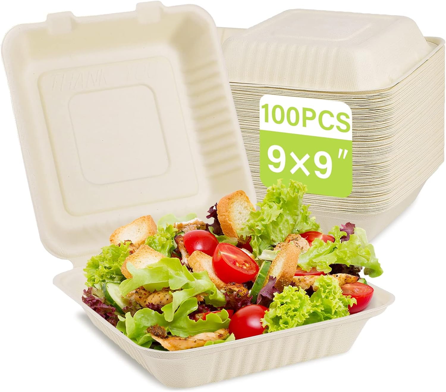 Clamshell Take Out Food Container 100 Pack, 9X9 Compostable Food ...