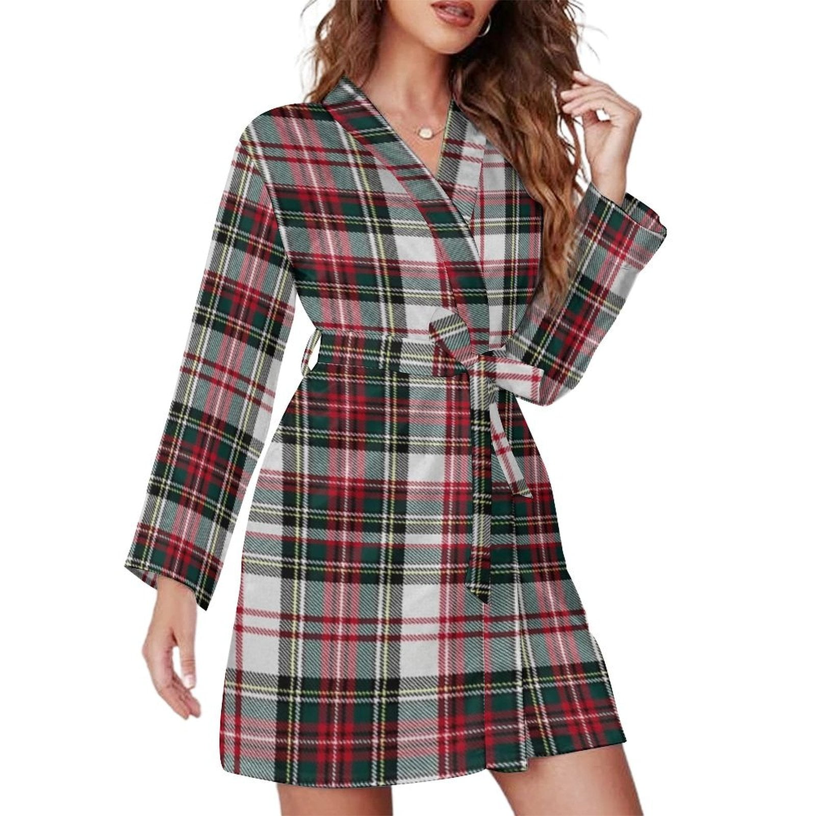 Clan Stewart Dress Tartan Plaid Pattern Tartan Night Robe Long Sleeve V ...