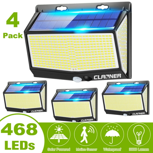 Claoner Solar Outdoor Lights, 468 LED Solar Motion Sensor Security Lights with 3 Lighting Modes ...
