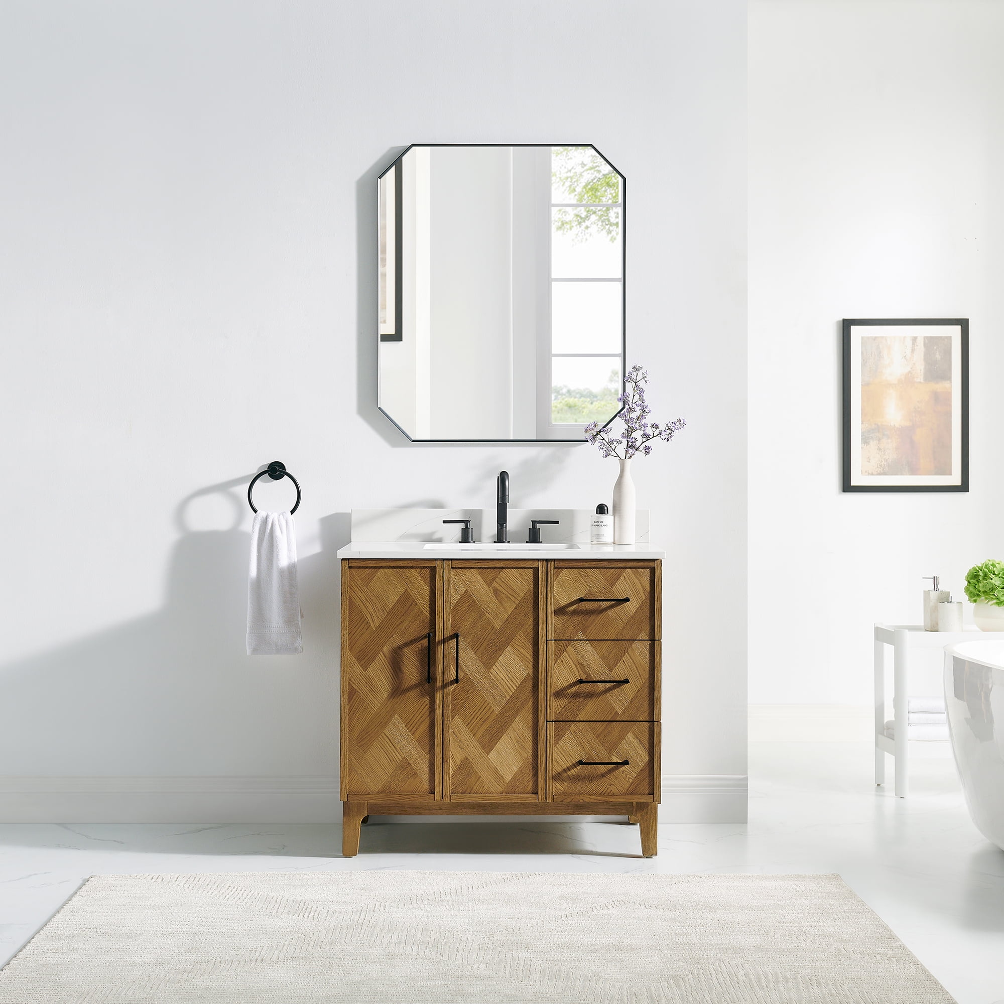 Clara 36" Wood Vanity in Weathered Brown with Calacatta Quartz Top No ...