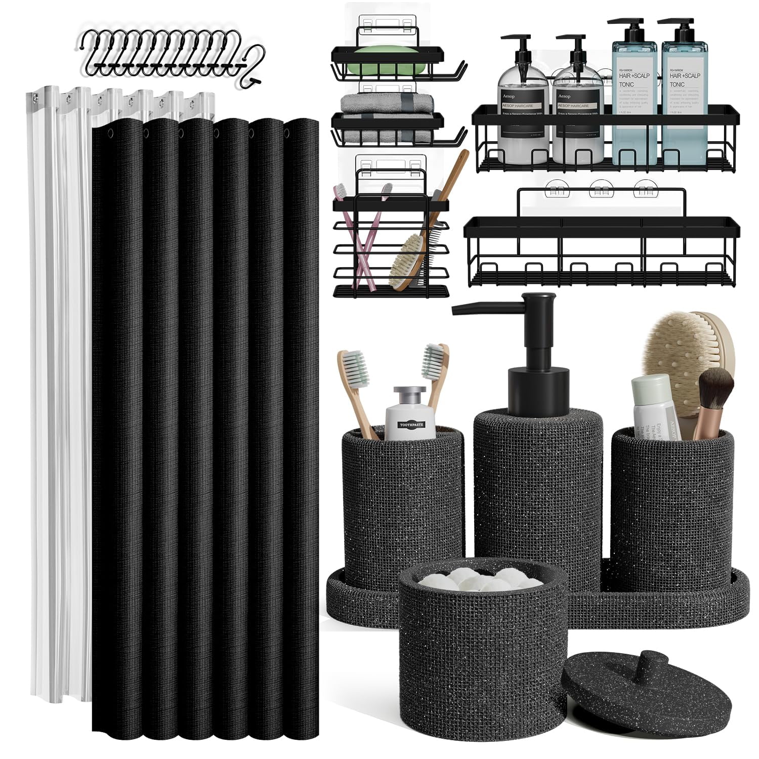 Clara Clark Bathroom Set - Coal Black Bathroom Accessories Set, 24PC ...