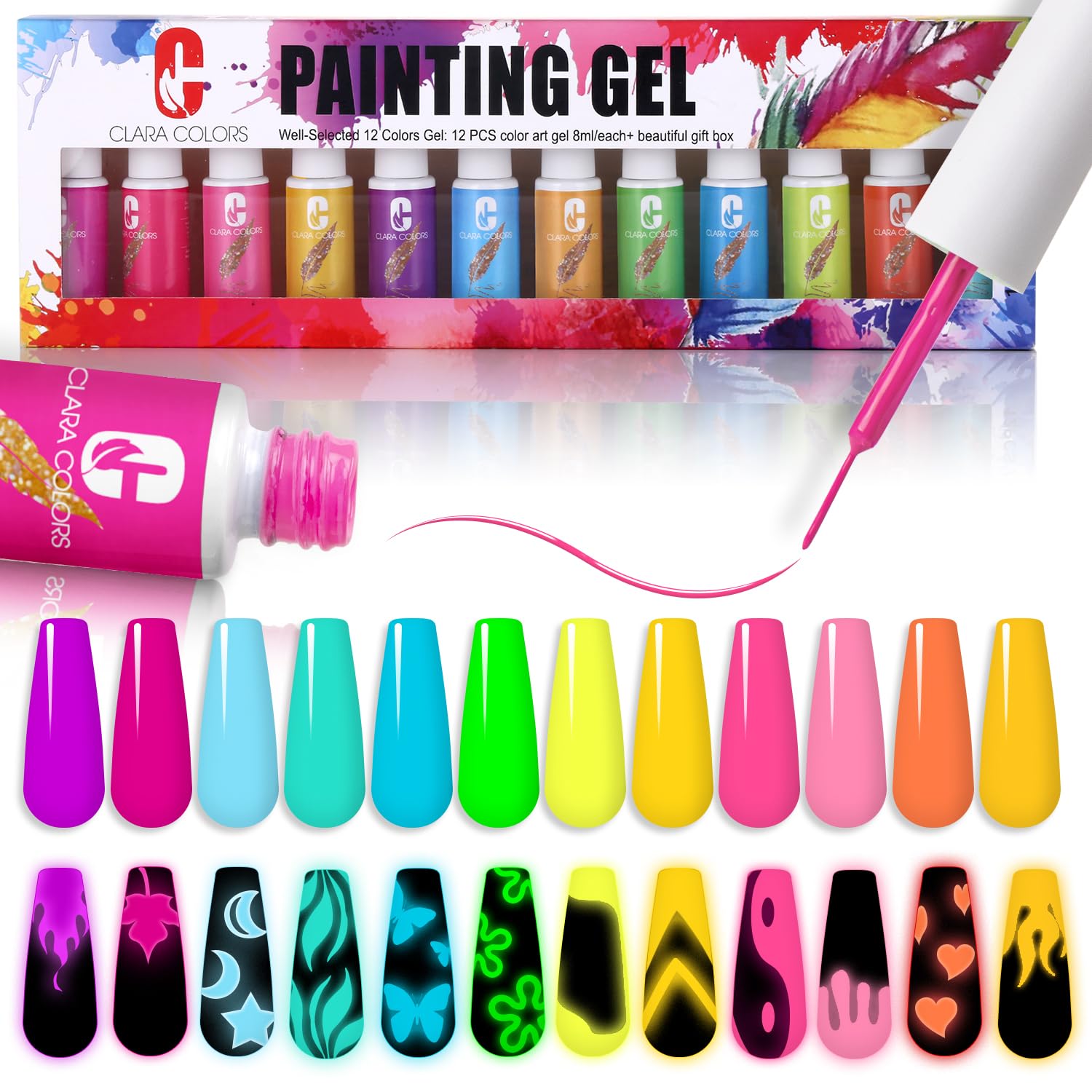 Clara Colors Gel Polish Nail Art Liner Set,12 Colors Glow In The Dark ...