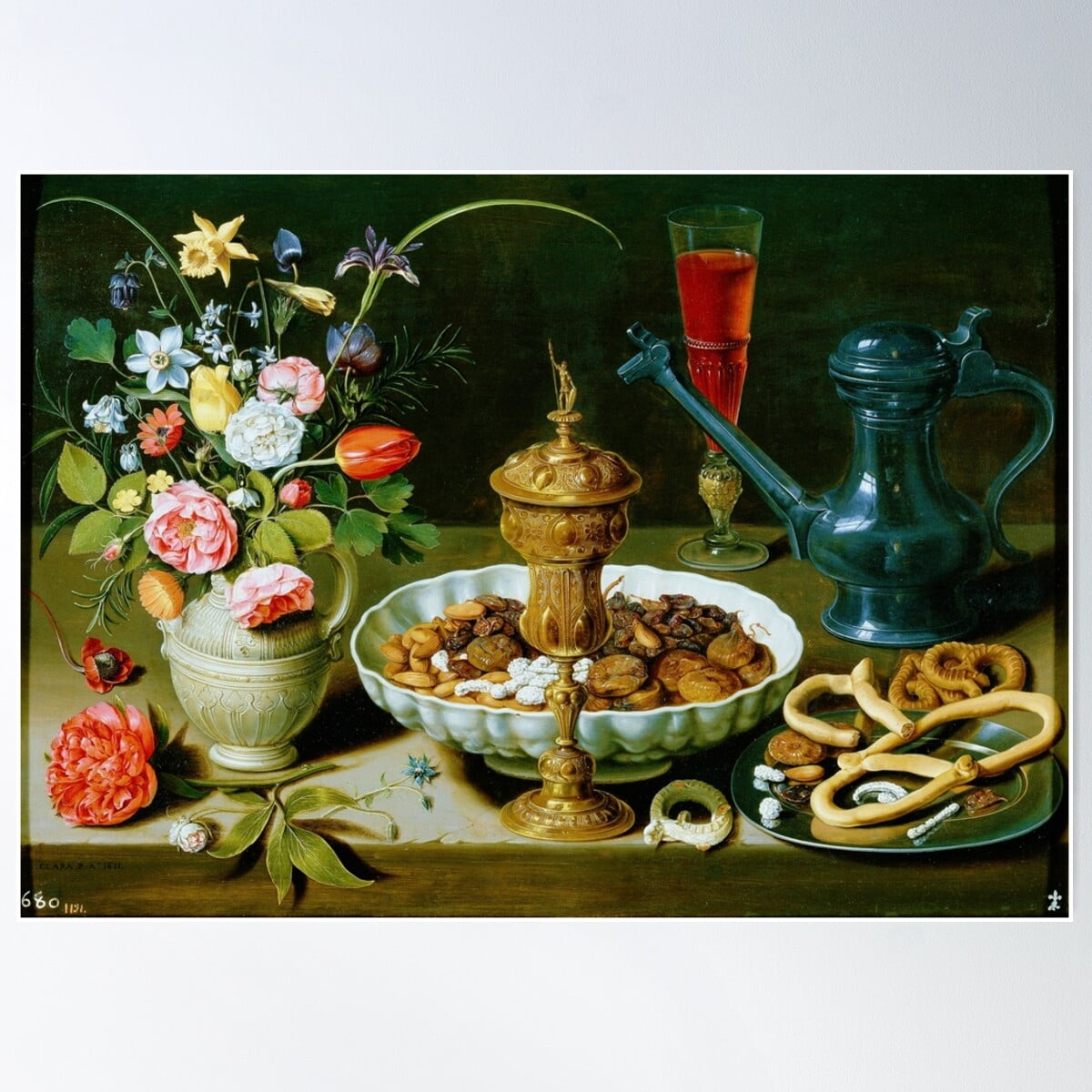 Clara Peeters Still Life With Flowers Goblet Dried Fruit & Pretzels ...