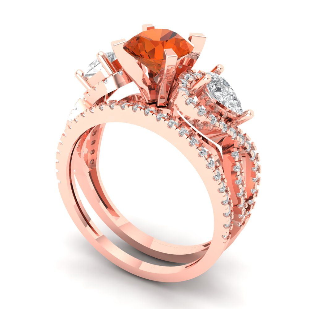 Clara Pucci 14K Rose Gold 1.925 Simulated Red Diamond Engraveable Engagement Ring + Wedding Band ...