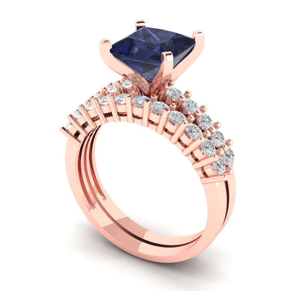 Clara Pucci 14K Rose Gold Princess Cut 2Ct Simulated Blue Sapphire ...