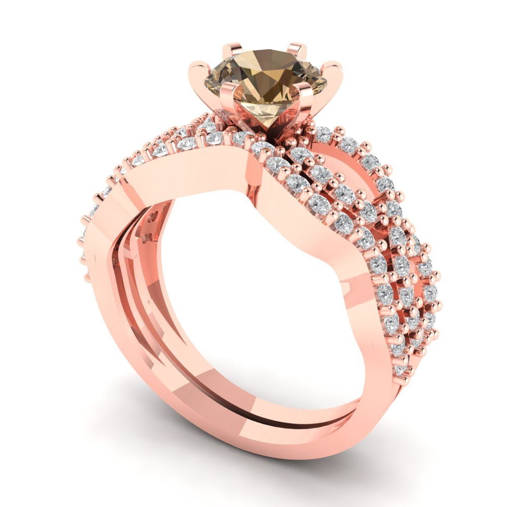 Clara Pucci 14K Rose Gold Round Cut 1Ct Simulated Champagne Engagement Ring + Matching Band ...