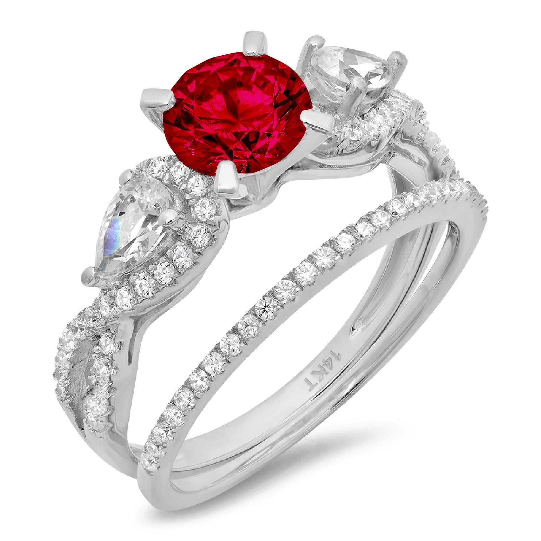 Clara Pucci 14K White Gold 1.925 Natural Garnet Engraveable Engagement Ring + Wedding Band Set ...