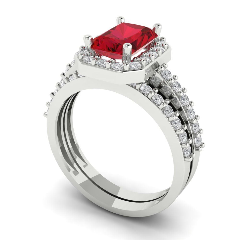 Clara Pucci 14K White Gold Emerald Cut 1.5Ct Simulated Ruby Engagement ...