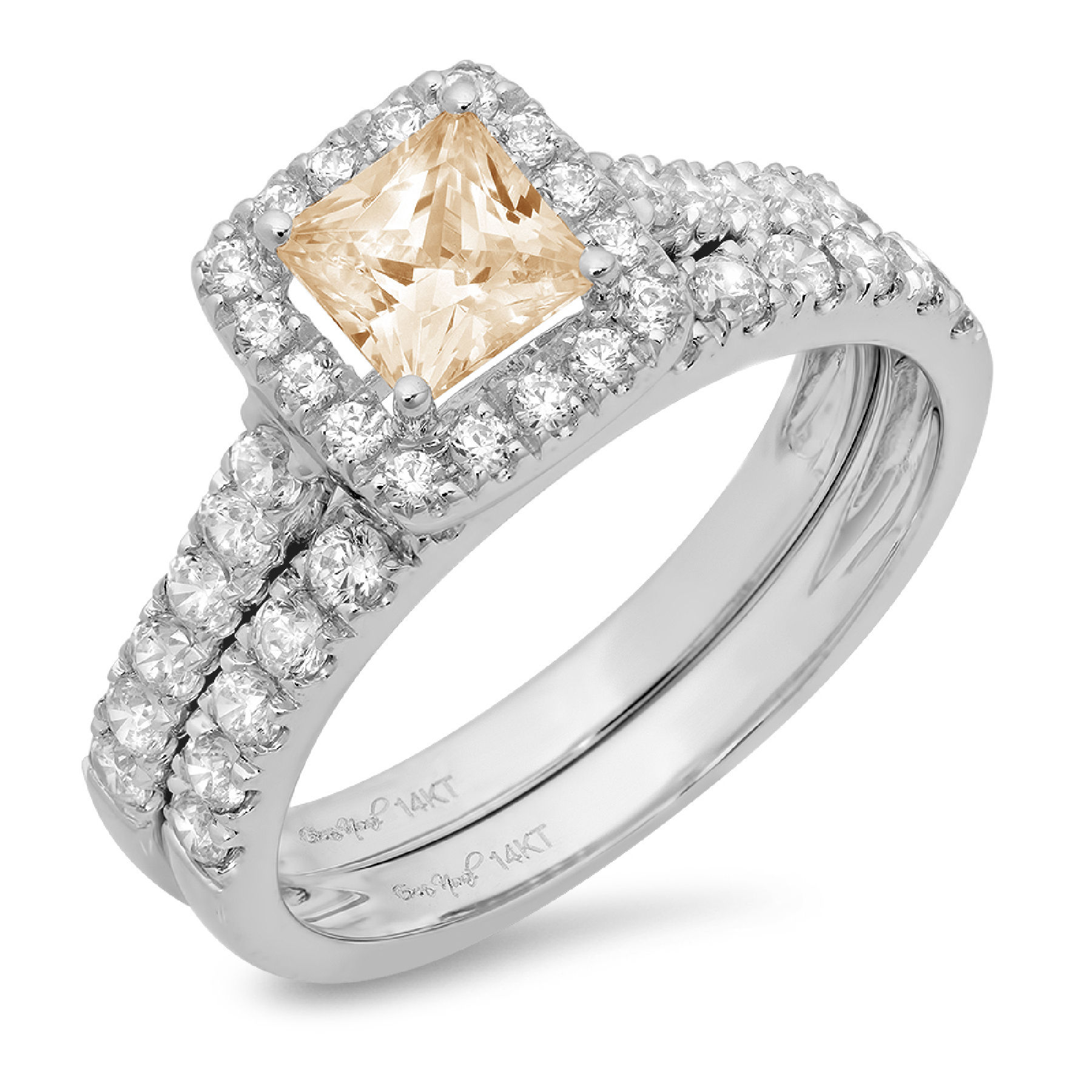 Clara Pucci 14K White Gold Princess Cut 0.75Ct Natural Morganite Engagement Ring + Matching Band ...