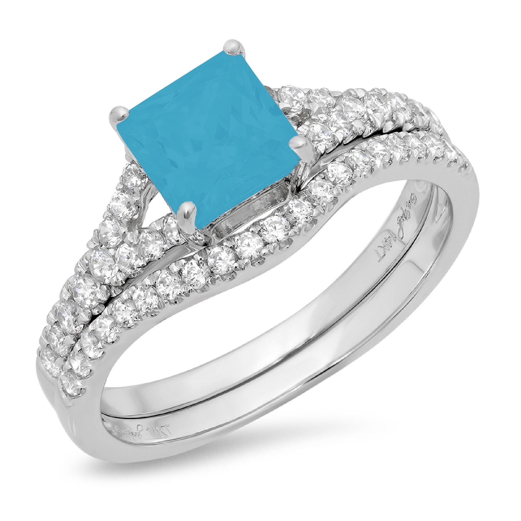 Clara Pucci 14K White Gold Princess Cut 1Ct Simulated Turquoise ...