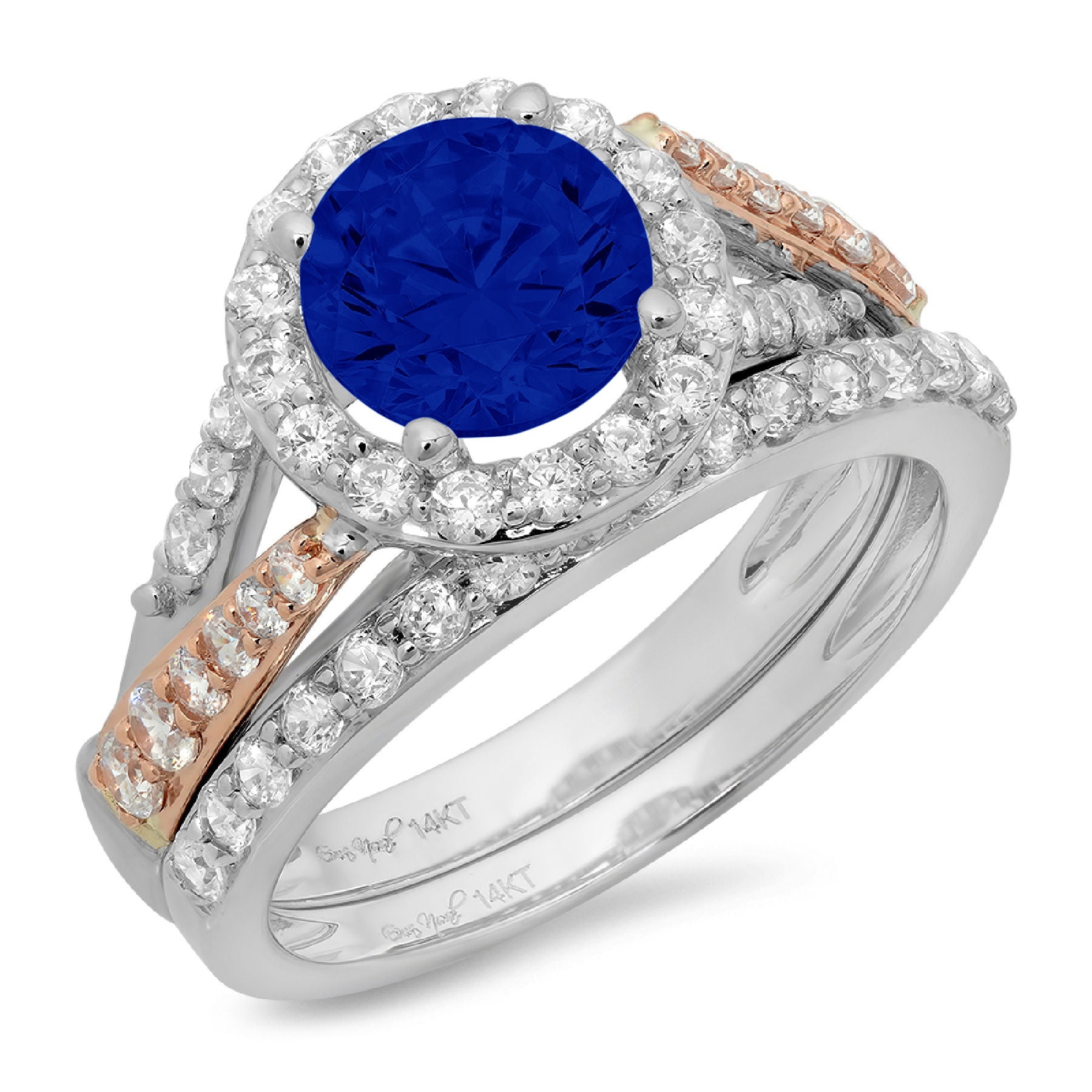 Clara Pucci 14K White/Rose Gold Round Cut 1.5Ct Simulated Blue Sapphire ...