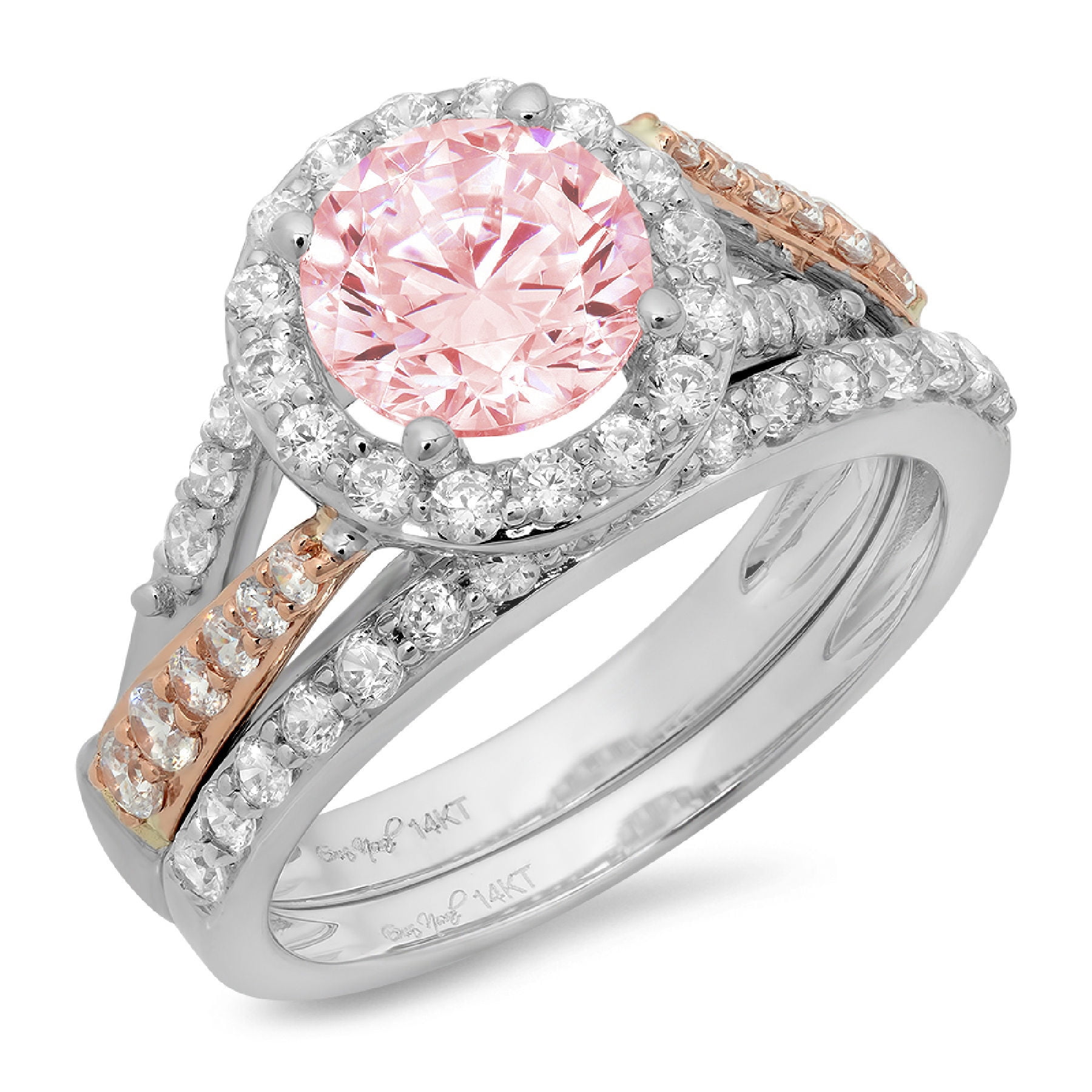Clara Pucci 14K White/Rose Gold Round Cut 1.5Ct Simulated Pink Diamond ...