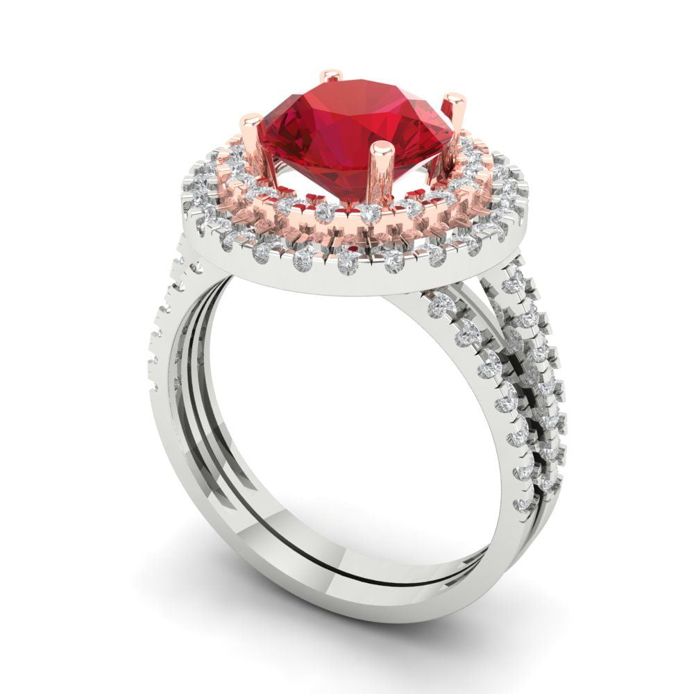 Clara Pucci 14K White/Rose Gold Round Cut 2Ct Simulated Ruby Engagement Ring + Matching Band ...