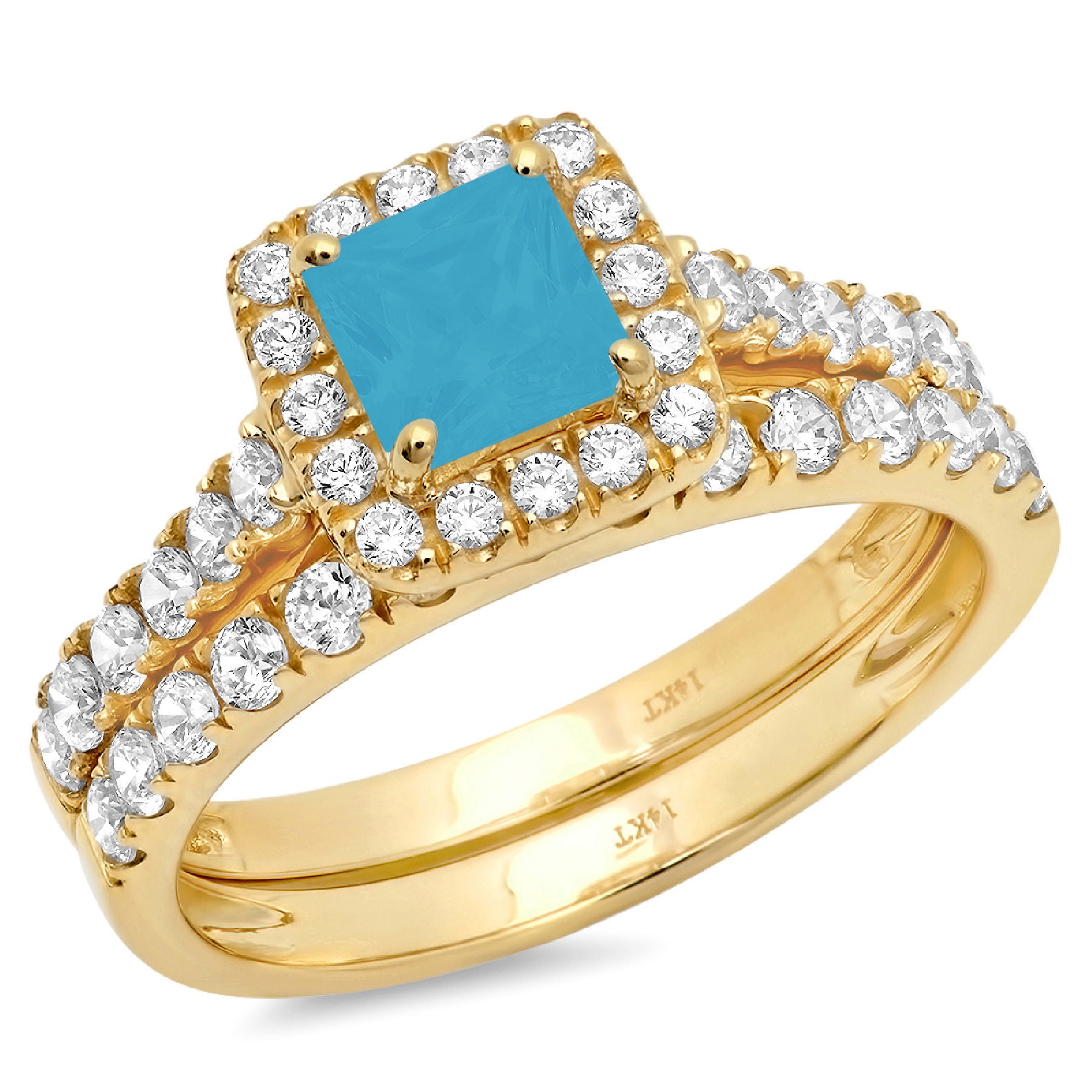 Clara Pucci 14K Yellow Gold Princess Cut 0.75Ct Simulated Turquoise ...