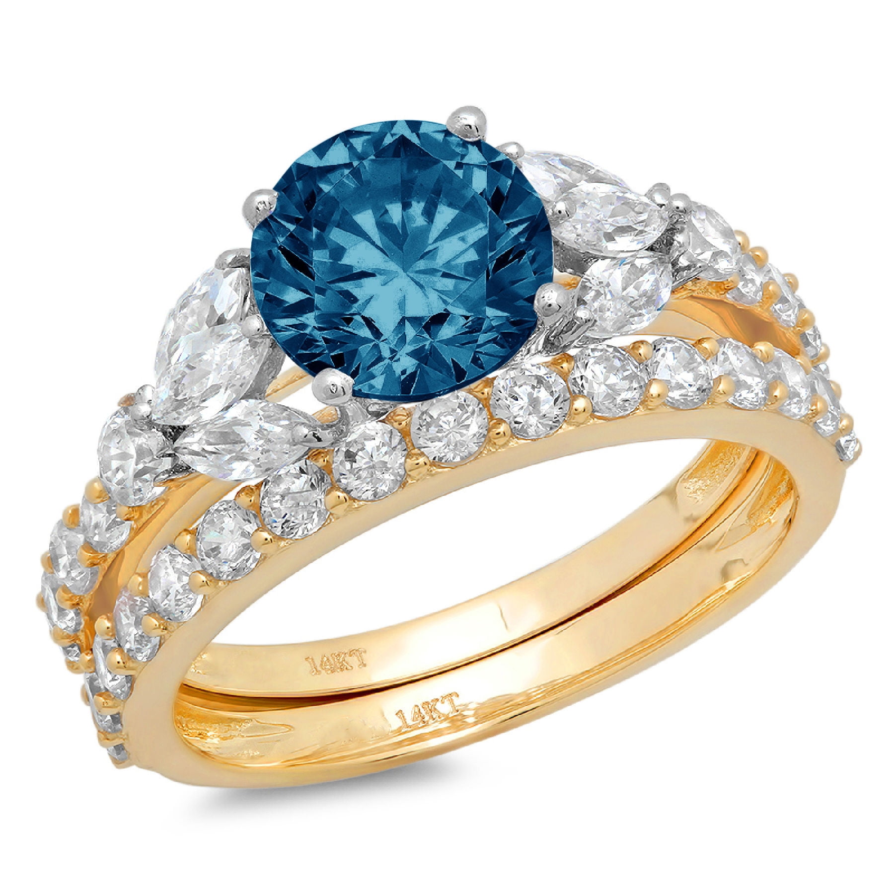 Clara Pucci 14K Yellow/White Gold Round Cut 1.5Ct Natural London Blue ...