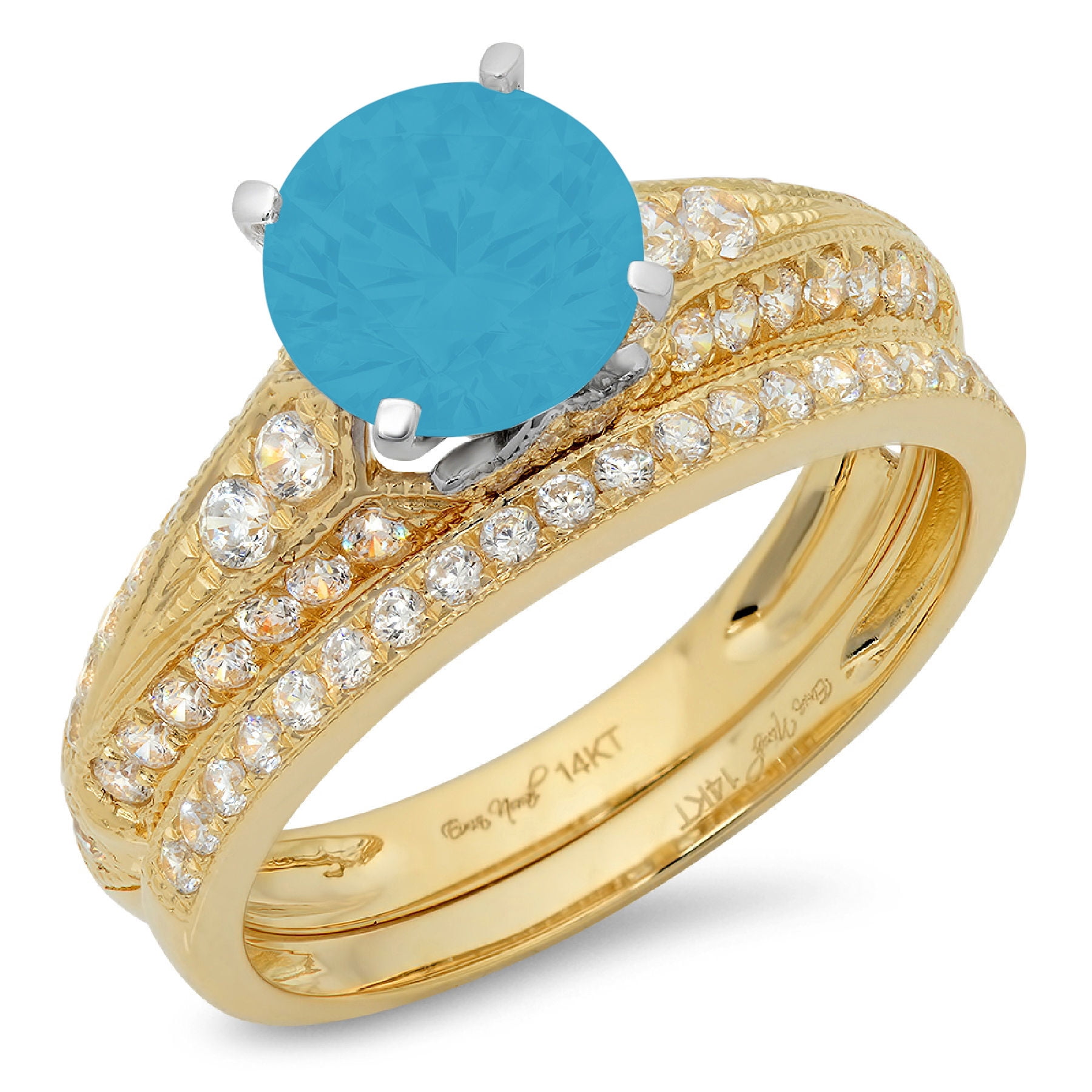 Clara Pucci 14K Yellow/White Gold Round Cut 1.5Ct Simulated Turquoise ...