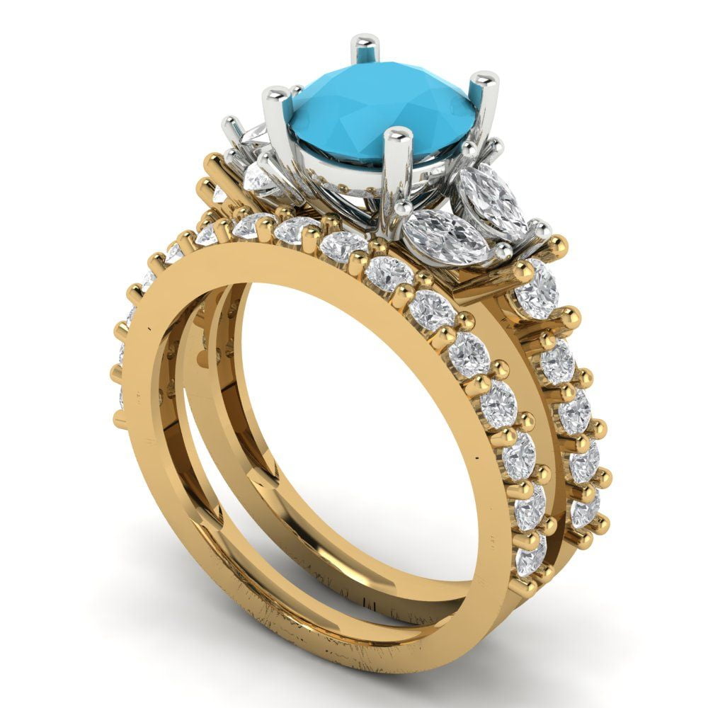 Clara Pucci 14K Yellow/White Gold Round Cut 1.5Ct Simulated Turquoise ...