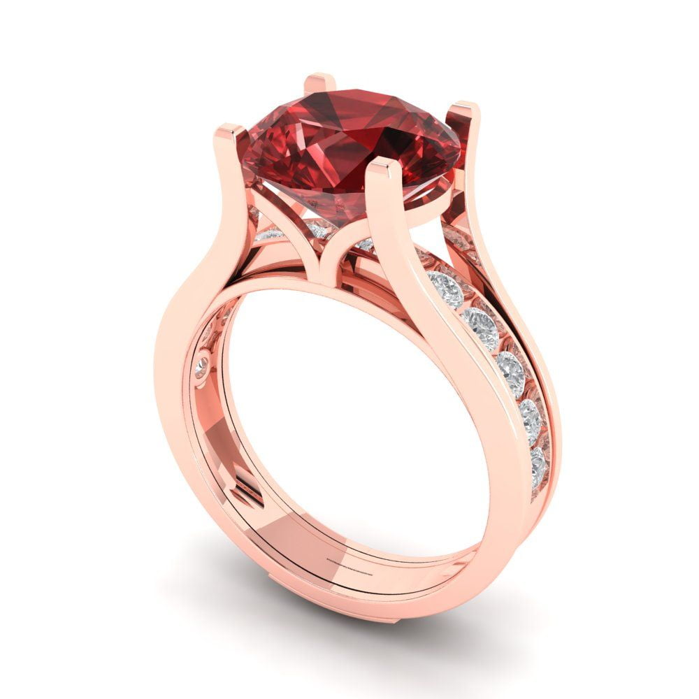 Clara Pucci 18K Rose Gold 3.39 Natural Garnet Engraveable Engagement Ring + Wedding Band Set ...