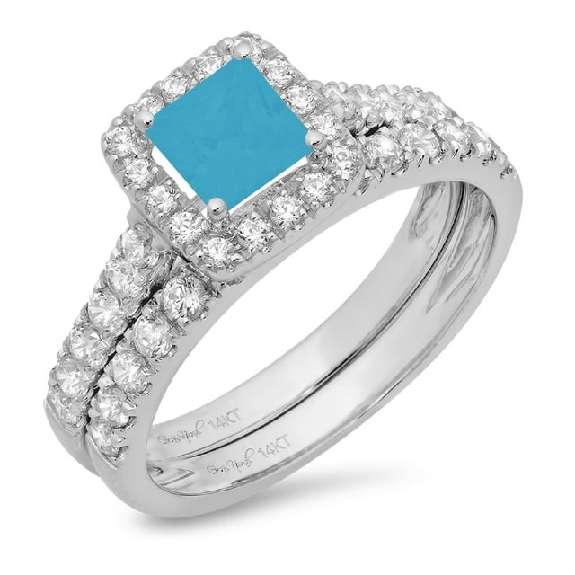 Clara Pucci 18K White Gold Princess Cut 0.75Ct Simulated Turquoise ...