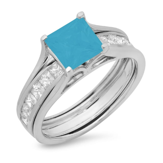 Clara Pucci 18K White Gold Princess Cut 1.5Ct Simulated Turquoise ...