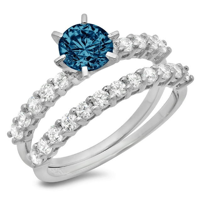 Clara Pucci 18K White Gold Round Cut 1Ct Natural London Blue Topaz Engagement Ring + Matching ...