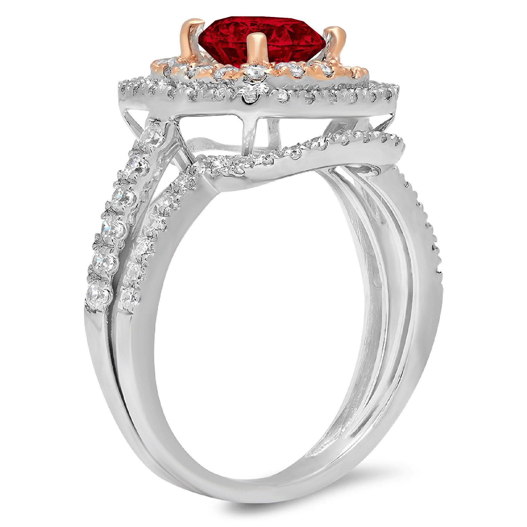 Clara Pucci 18K White/Rose Gold Round Cut 1Ct Natural Garnet Engagement Ring + Matching Band ...