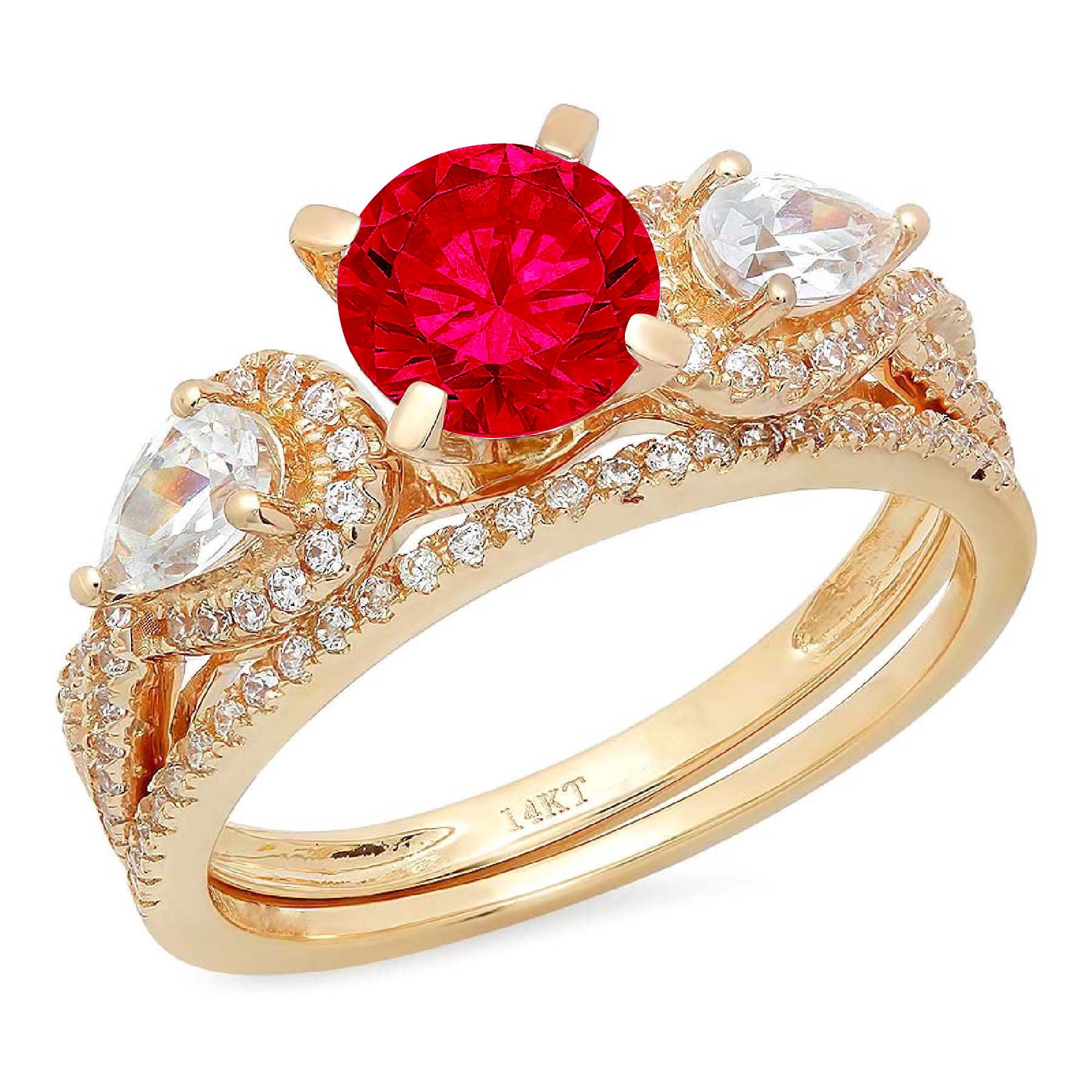 Clara Pucci 18K Yellow Gold 1.925 Simulated Ruby Engraveable Engagement Ring + Wedding Band Set ...