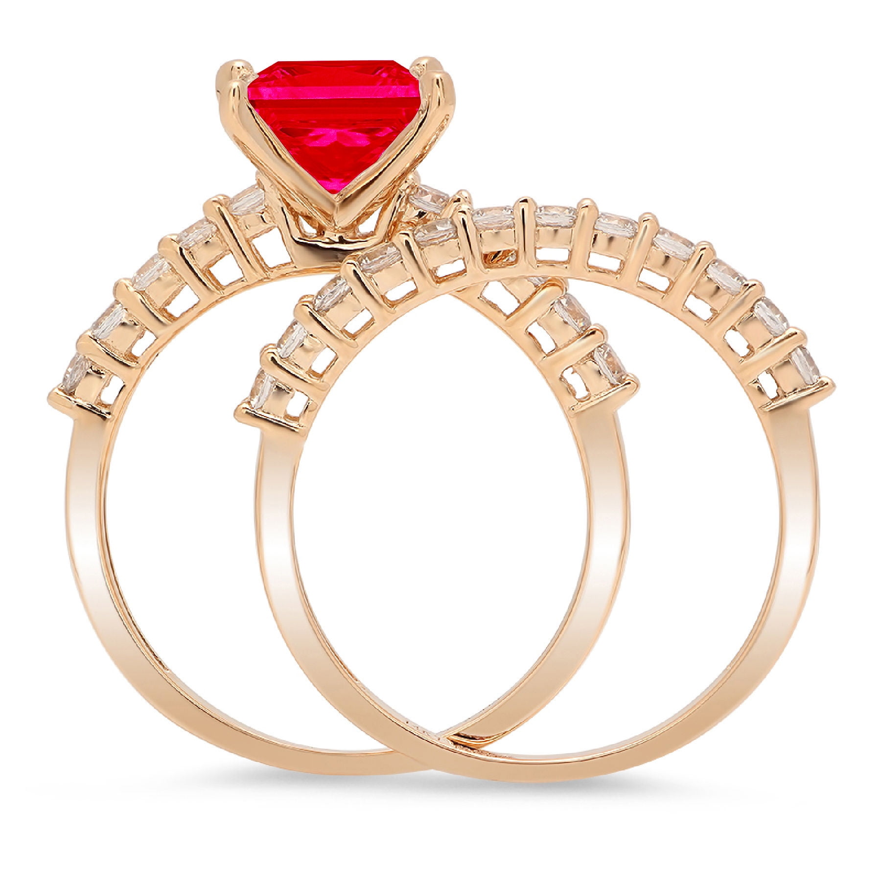 Clara Pucci 18K Yellow Gold Princess Cut 2Ct Simulated Ruby Engagement Ring + Matching Band ...