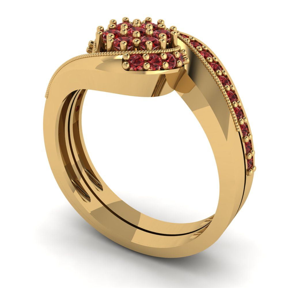 Clara Pucci 18K Yellow Gold Round Cut 0.025Ct Natural Garnet Engagement Ring + Matching Band ...