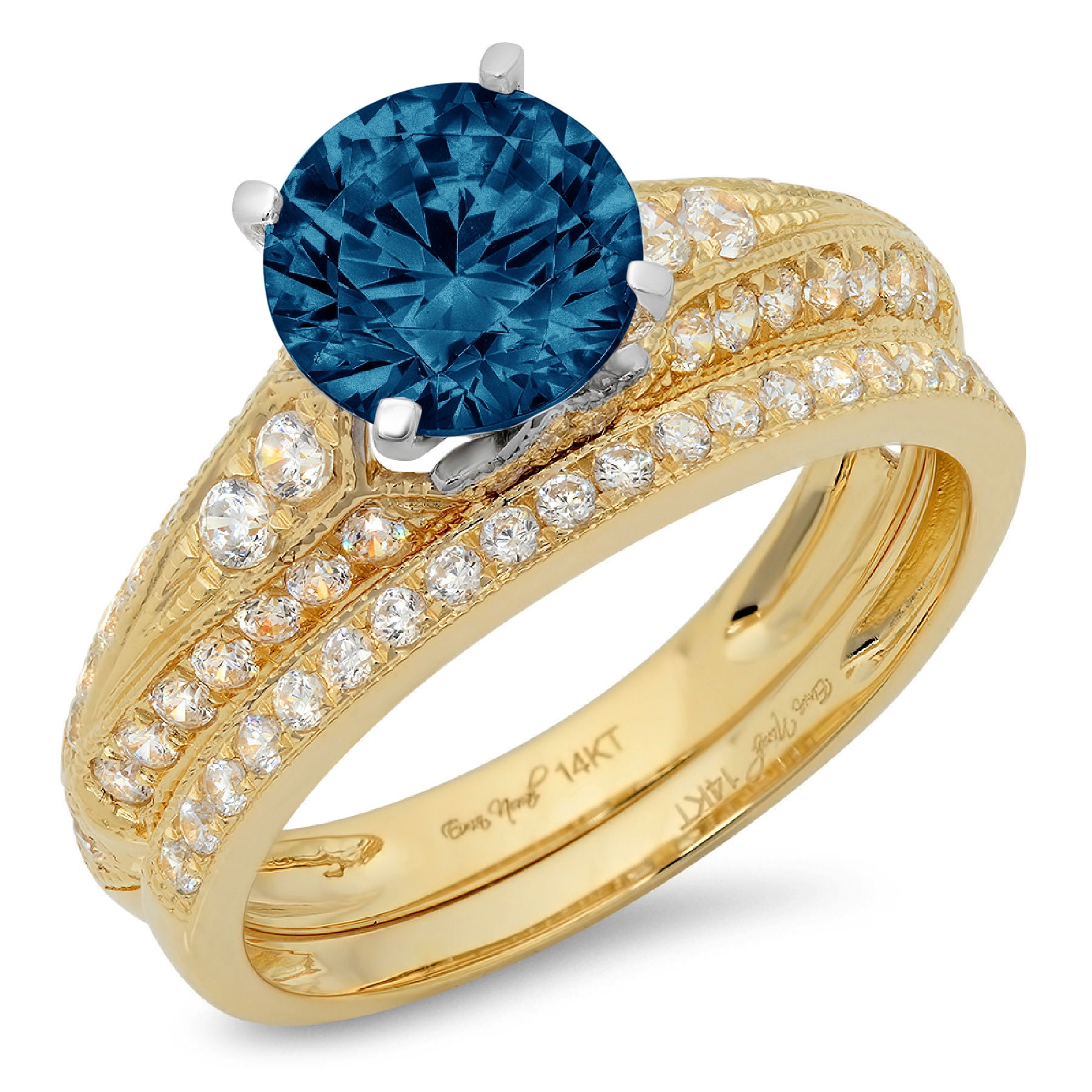 Clara Pucci 18K Yellow/White Gold Round Cut 1.5Ct Natural London Blue ...