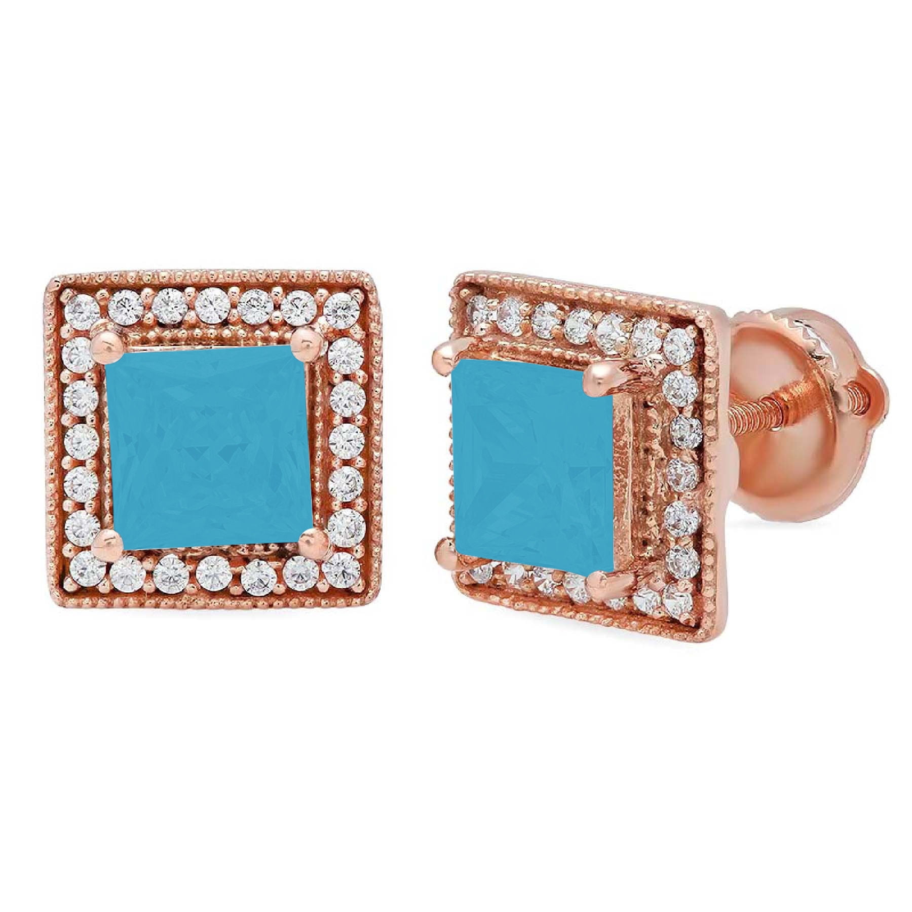 Clara Pucci 2.24Ct Simulated Turquoise Princess Cut Screw Back Stud ...
