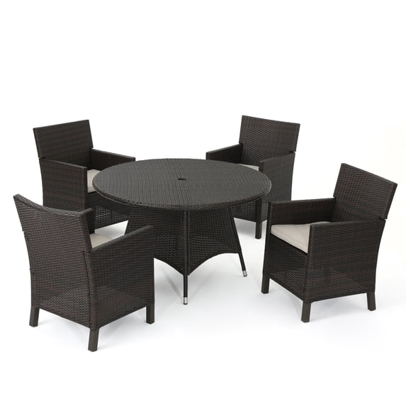 Clarance Outdoor 5 Piece Wicker Round Dining Set with Cushions ...