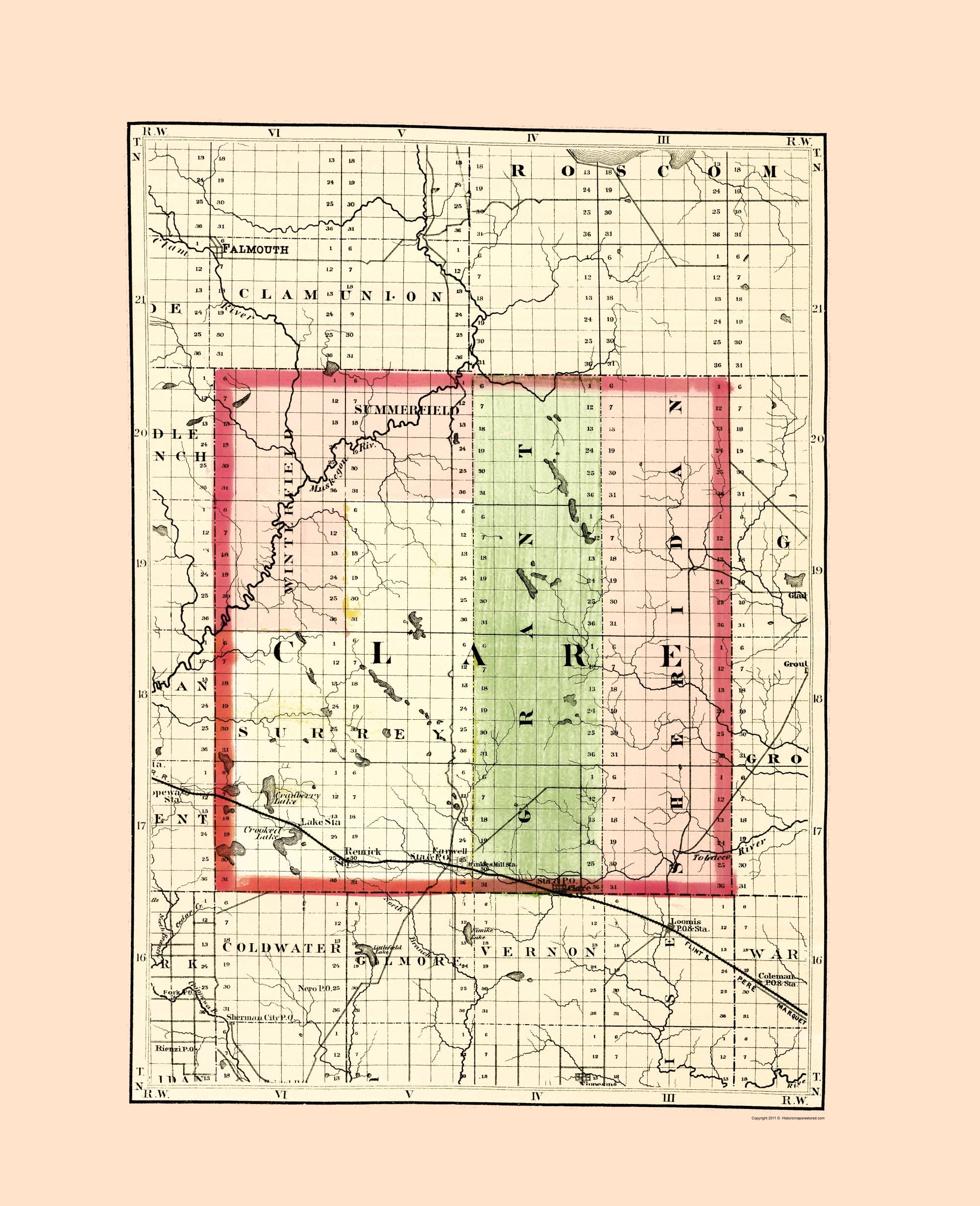 Historic County Map - Clare County Michigan - Walling 1873 - 23 x 28.30 ...