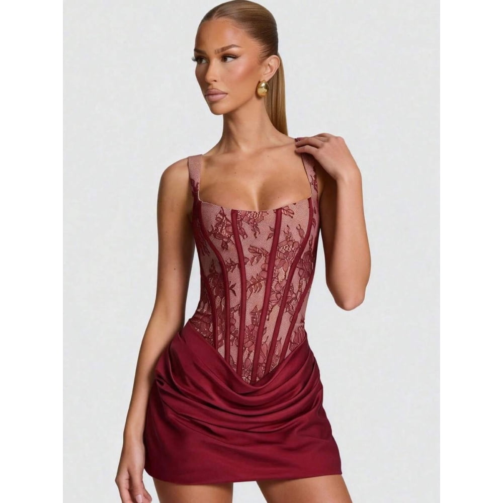 Claret Floral Lace Spliced Satin Corset Mini Dress With Pleated Skirt ...