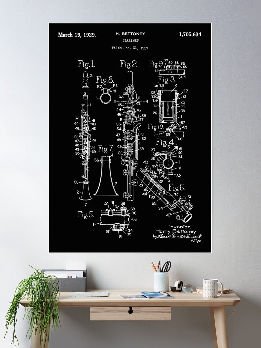 Clarinet Patent 1929 - Music Instrument - White Poster Wall Art, Modern ...