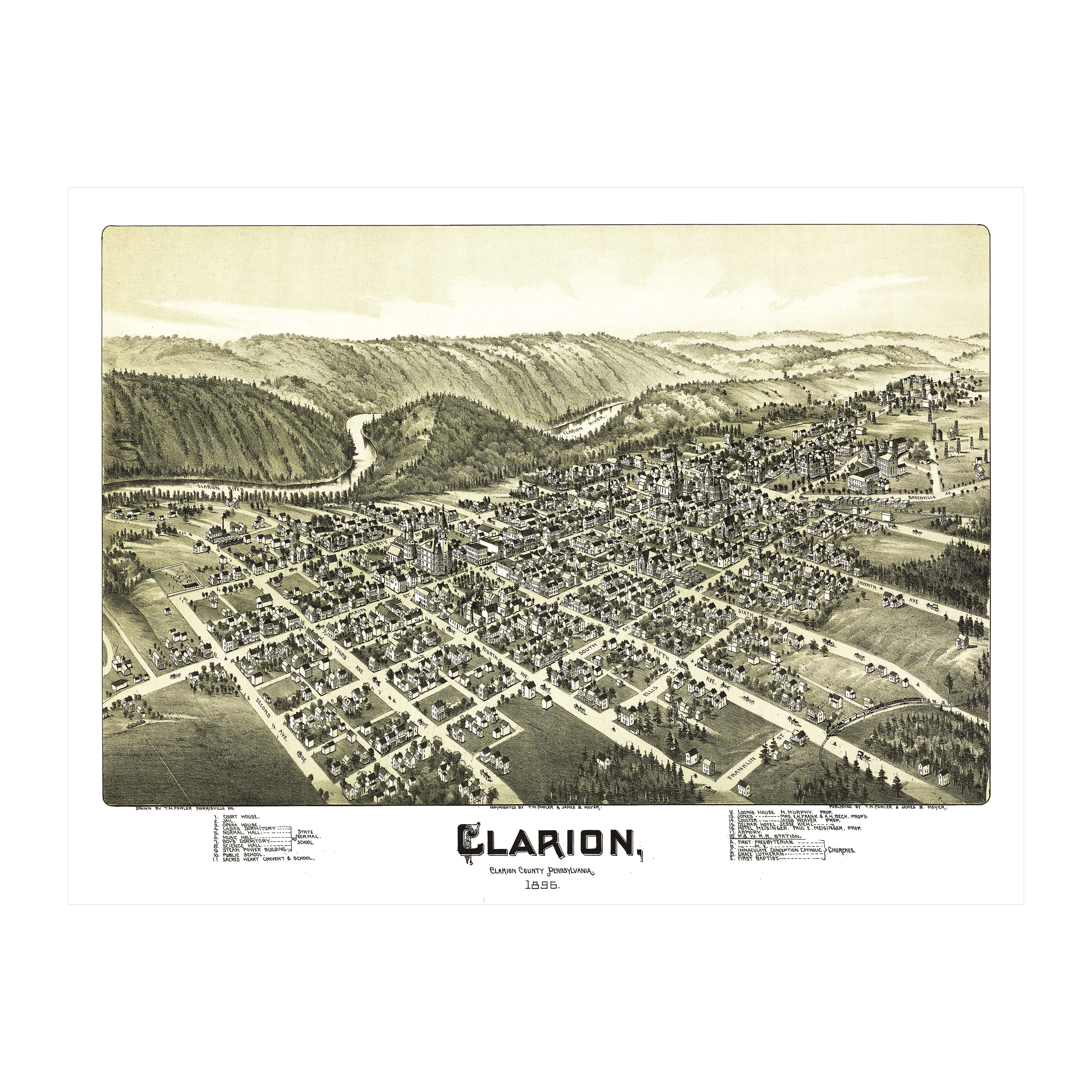 Clarion Art, 1896 Vintage Map of Clarion Pennsylvania, PA History Wall ...